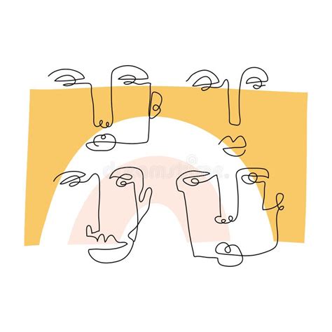 Set Of Five Abstract Face One Line Drawing Portrait Minimalistic Style Fine One Line Drawing