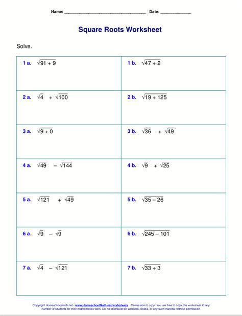 Square Root Worksheets With Answer Keys