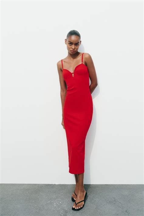 Gaun Midi Tali Bahu Merah Zara Indonesia