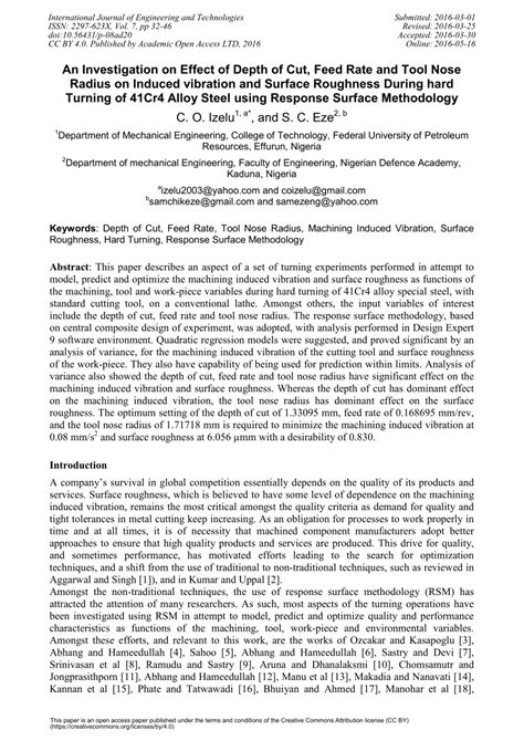 Pdf An Investigation On Effect Of Depth Of Cut Feed Rate And Tool Nose Radius On Induced