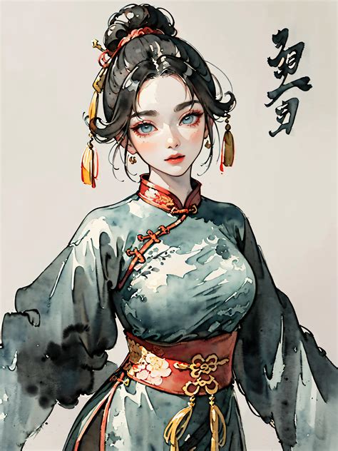 파란 드레스를 입고 빨간 띠를 두른 여인의 그림 Seaart Ai