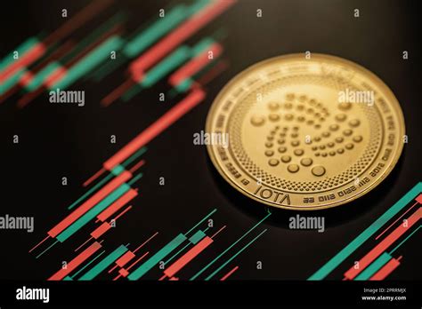 Gold Iota With Candle Stick Graph Chart And Digital Background Stock