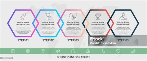 벡터 인포그래픽 라인 육각형5개의 아이콘 다이어그램 그래프 프레젠테이션 5단계의 비즈니스 컨셉 콘텐츠 순서도 워크플로우 배너용 라벨에 대한 스톡 벡터 아트 및 기타 이미지