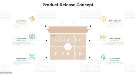 6 직소 퍼즐 조각으로 만든 판지 상자 제품 출시 제조 공정 완료에 6 단계의 개념 간단한 인포그래픽 디자인 템플릿입니다 배너에 대한 현대적인 평면 벡터 그림 상자에 대한