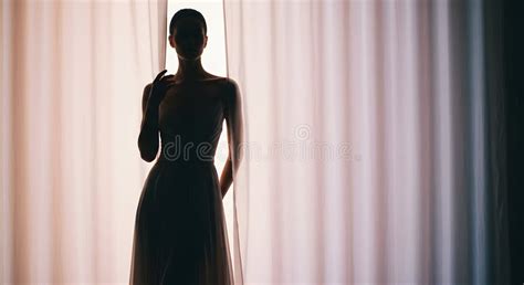 Silhouette Of A Woman In A Dress Behind Sheer Curtains A Mysterious And