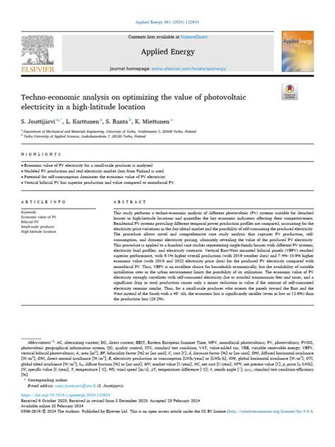 Techno Economic Analysis On Optimizing The Value Of Photovolta 2024 Applied Pdf