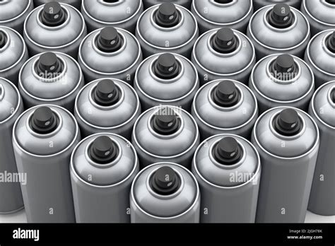 Set Of Silver Spray Paint Cans In Row On White Background 3d Render