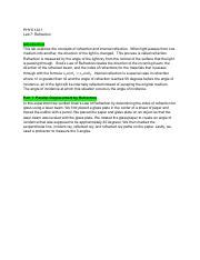 Physics Lab 7 Pdf PHYS 1221 Lab 7 Refraction Introduction This Lab Explores The Concepts Of