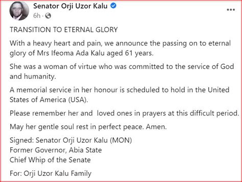 Stella Dimoko Senator Orji Uzor Kalu Loses Wife Ifeoma