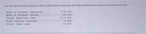 Solved Use The Cost Information Below For Ruiz Incorporated Chegg