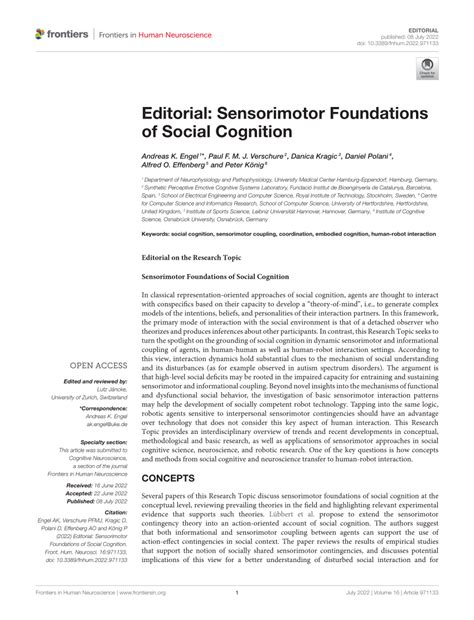 Pdf Editorial Sensorimotor Foundations Of Social Cognition