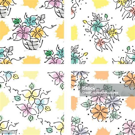 원활한 벡터 손으로 그린 꽃 패턴의 설정 꽃 잎 스플래시 방울 끝 없는 배경 인쇄 자리 라인 드로잉 그래픽 일러스트 레이 션 배치 배경 직물 인쇄 귀여운에 대한 스톡 벡터