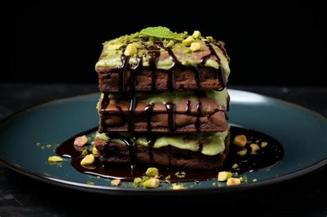 Brownie Stack With Pistachio Rosewater Glaze Premium Ai Generated Image