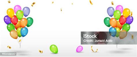 화려한 풍선 배경과 축하 파티 배너입니다 파티 전단지를 위해 날아가는 생일 풍선 그랜드 오프닝 카드 호화 인사말 리치 판매 벡터 일러스트 레이 션입니다 검은색에 대한 스톡