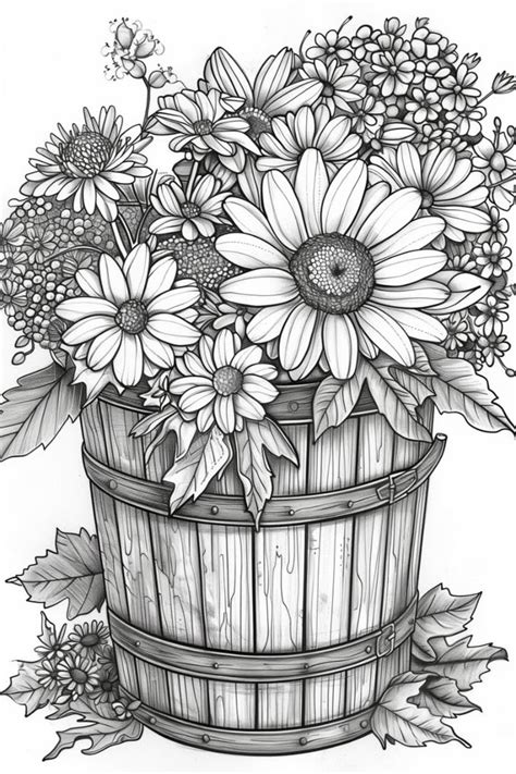 A Rustic Wooden Bucket Overflowing With Daisies Coloring Page Rustic