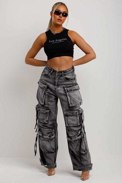 Women's Grey Denim Cargo Jeans With Pockets Wide Leg – Styledup.co.uk