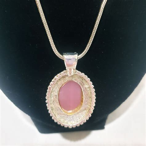 Pink Cats Eye Oval Pendant Necklace 20 Silver Tone Etsy