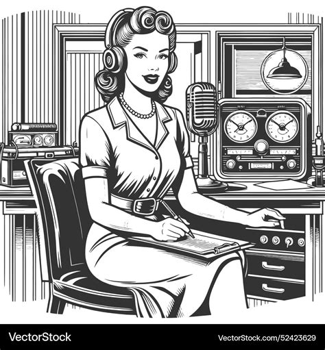 Radio Operator Woman At Console Engraving Vector Image