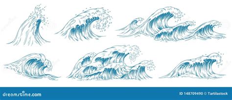 海波浪剪影 风暴波浪、葡萄酒浪潮和海洋海滩风暴手拉的传染媒介例证集合 向量例证 插画 包括有 例证 乱画 148709490