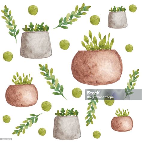콘크리트와 점토 냄비에 식물과 수채화 원활한 패턴 식물 식물 재배 하우스 플랜트 화분에 심은 식물 0명에 대한 스톡 벡터 아트 및 기타 이미지 Istock