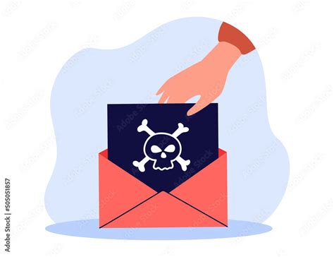 Hand Opening Envelope With Picture Of Skeleton Skull Person Receiving Threat Spam Message Or