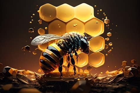 Premium Ai Image Honey Bee With High Contrast Golden Honeycomb Background