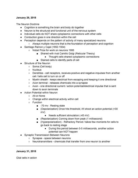 Cognitive Neuroscience Notes January 29 2018 The Neuron Doctrine Cognition Is Something The