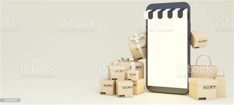 개념 온라인 Sopping 흰색 배경 3d 렌더링 일러스트레이션에 고립 된 스마트 폰 온라인 쇼핑 스크린 프론트 스토어 상점 상자 소포 골판지 상자 및 쇼핑 백 0명에 대한