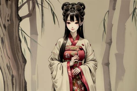 Premium Photo A Girl In A Kimono Stands In Front Of A Forest