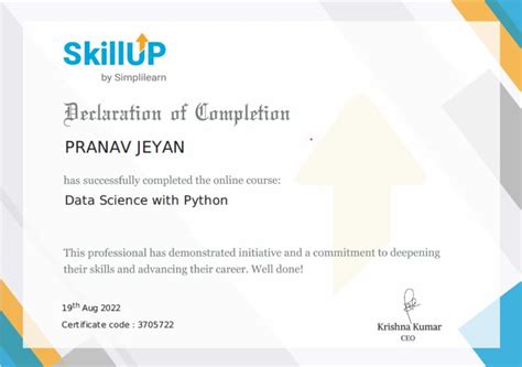 Pranav Jeyan On Linkedin Certified In Data Science With Python By Skillup