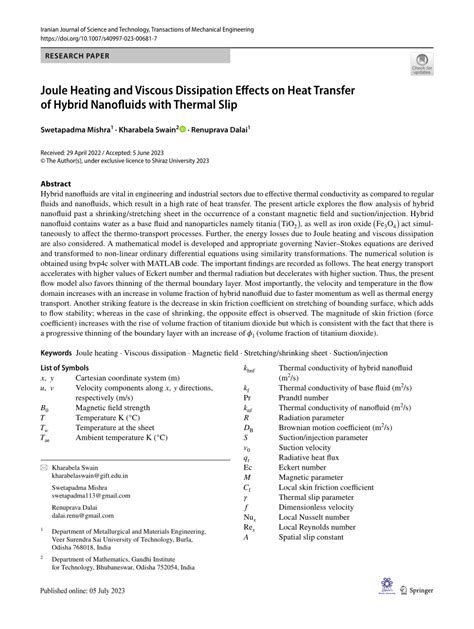 Pdf Joule Heating And Viscous Dissipation Effects On Heat Transfer Of Hybrid Nanofluids With
