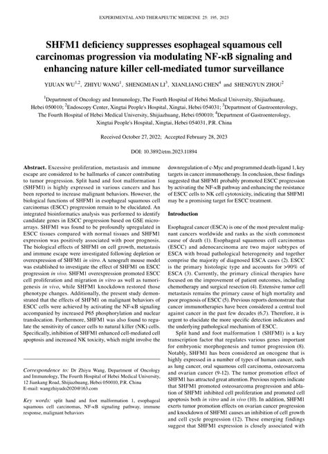 Pdf Shfm1 Deficiency Suppresses Esophageal Squamous Cell Carcinomas
