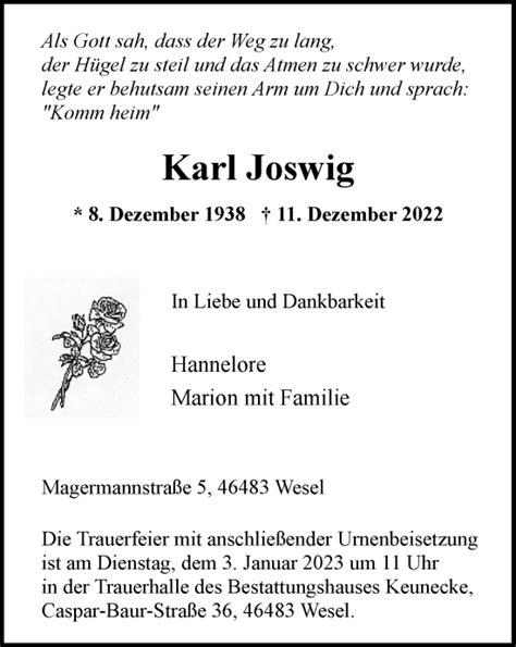 Traueranzeigen Von Karl Joswig Trauer In Nrw De