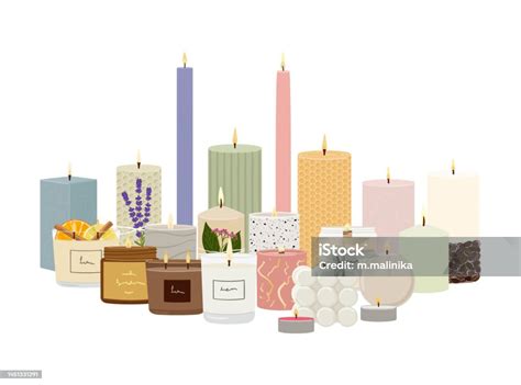 향기로운 불타는 양초 세트가 함께 서 있습니다 밀랍 파라핀 콩 항아리와 기둥에 코코넛 왁스 양초 아로마 캔들 컬렉션 제로 웨이스트 에코 선물 손으로 벡터 일러스트 레이 션