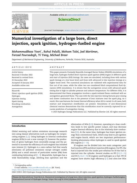 Pdf Numerical Investigation Of A Large Bore Direct Injection Spark Ignition Hydrogen