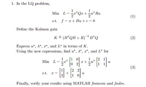 Solved Solve The LQ Problem Only With Fsolve Command In Chegg