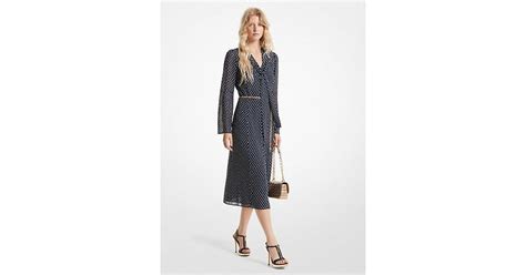 Michael Kors Mk Polka Dot Georgette Tie Neck Midi Dress In Blue Lyst