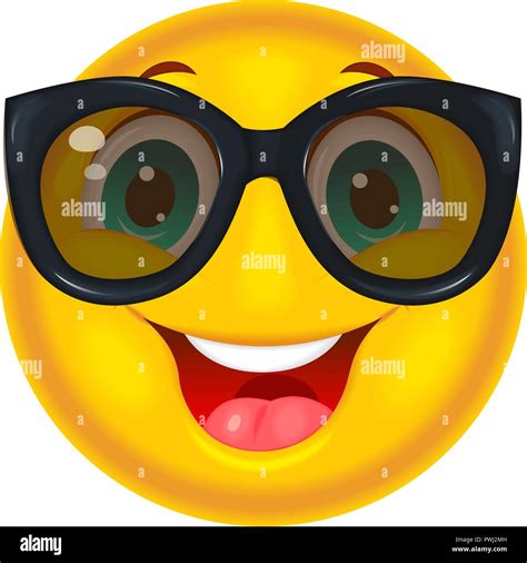 Smiling Yellow Smiley In Black Glasses On A White Background Stock