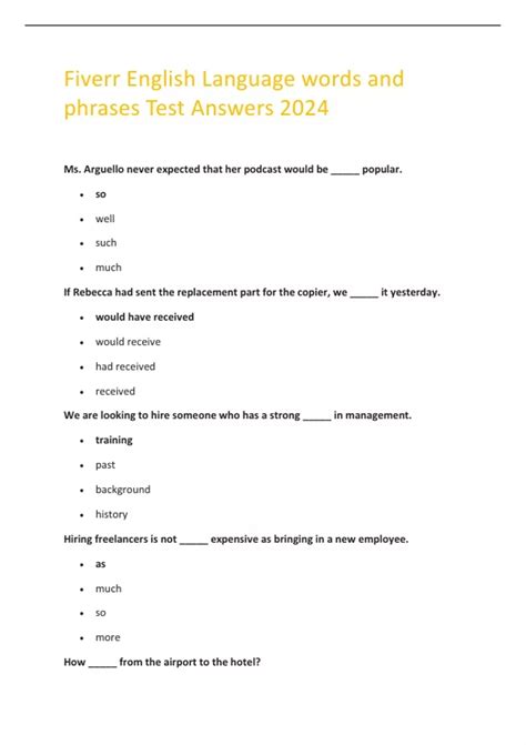Fiverr English Language Words And Phrases Skill Test Answers 2024 Pdf Fiverr English Language