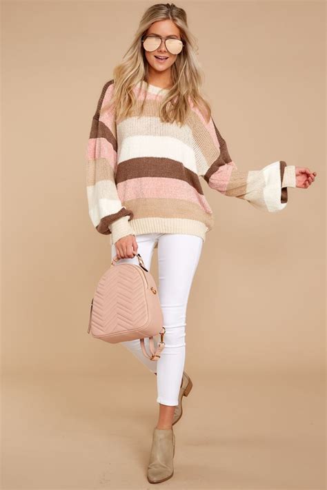 Trendy Cream Stripe Sweater Comfy Sweater Sweater 5200 Red