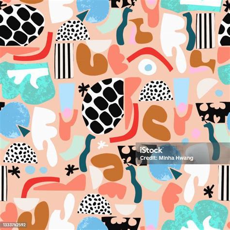 재미 와 다채로운 추상적 인 페인트 브러시 모양 일러스트 레이시 원활한 반복 패턴 홈 장식 인쇄 패션 패브릭과 섬유 기하학적 패턴 0명에 대한 스톡 벡터 아트 및 기타