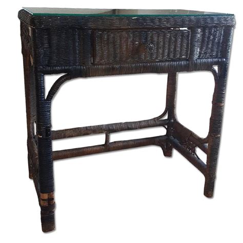 Dark Brown Wicker Side Table W Glass Top Aptdeco