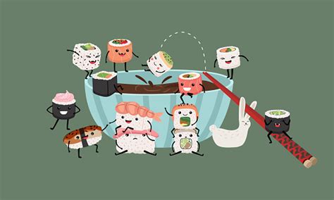 귀여운 만화 초밥과 롤이 간장 Souce 벡터 일러스트 레이 션에서 수영 감정가에 대한 스톡 벡터 아트 및 기타 이미지 감정가 건강한 생활방식 그릇 Istock