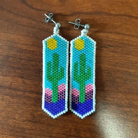 Desert Cactus Beaded Green And Purple Cactus Earrings Etsy In 2024
