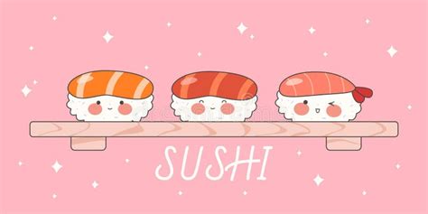 Ensemble De Sushis Mignon Avec Visage Souriant Et Joues Roses Rouleaux