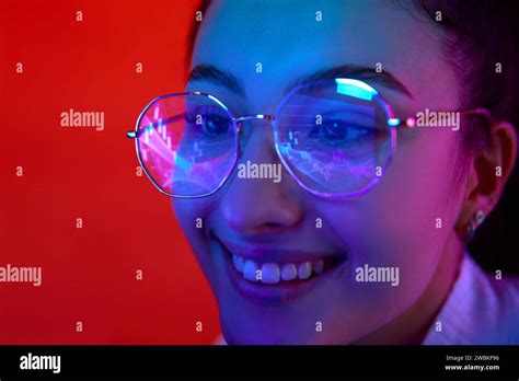 Smiling Happy Developer Woman Wears Glasses Working On Computer