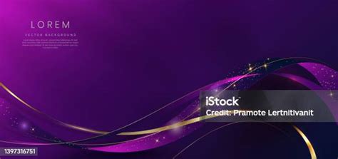 보라색과 진한 파란색 배경에 추상적인 3d 골드 곡선 리본으로 조명 효과와 텍스트를위한 복사 공간으로 반짝입니다 럭셔리 디자인 스타일 금색에 대한 스톡 벡터 아트 및 기타