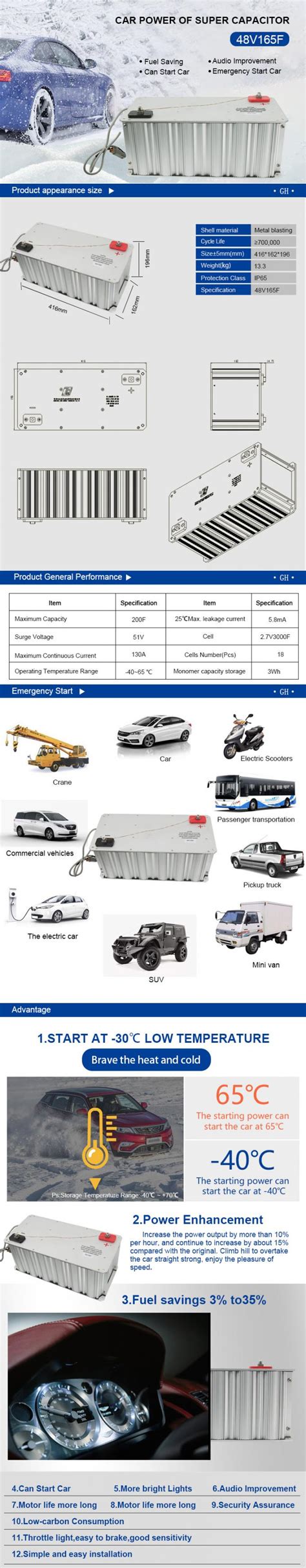 Engine Start Super Capacitor Module 165f 48v For Energy Storage