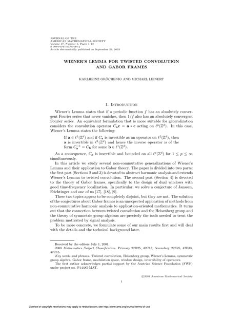 Pdf Wieners Lemma For Twisted Convolution And Gabor Frames