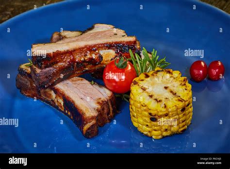 Roasted Sliced Barbecue Pork Ribs Focus On Sliced Meat Stock Photo Alamy